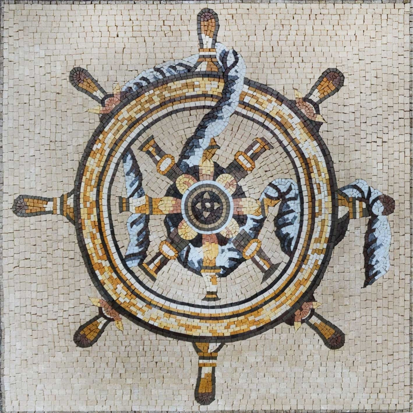 Sailor Wheel In Mosaic Marble, 35" x 35" - Beach Style - Tile Murals ...