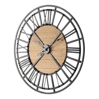 Lewiston Black Iron With Brown Wood 30" Round Wall Clock - Industrial ...