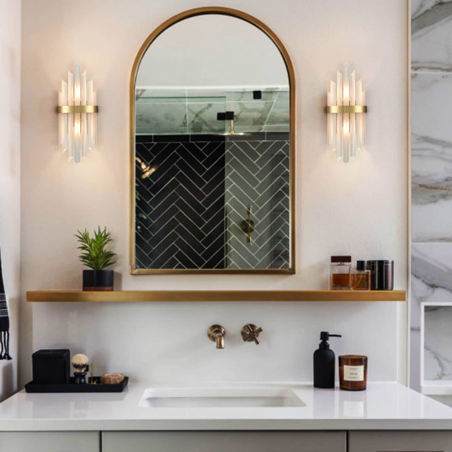 Modern Gold Wall Sconces Set of Two With Crystal Frosted Glass ...
