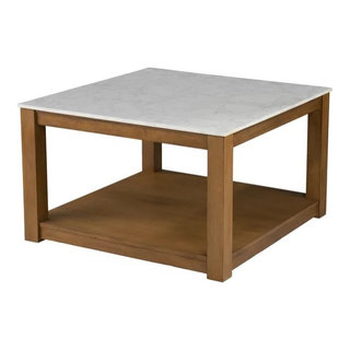 Transitional Wood Coffee Table with Faux Marble Top, White and Natural ...