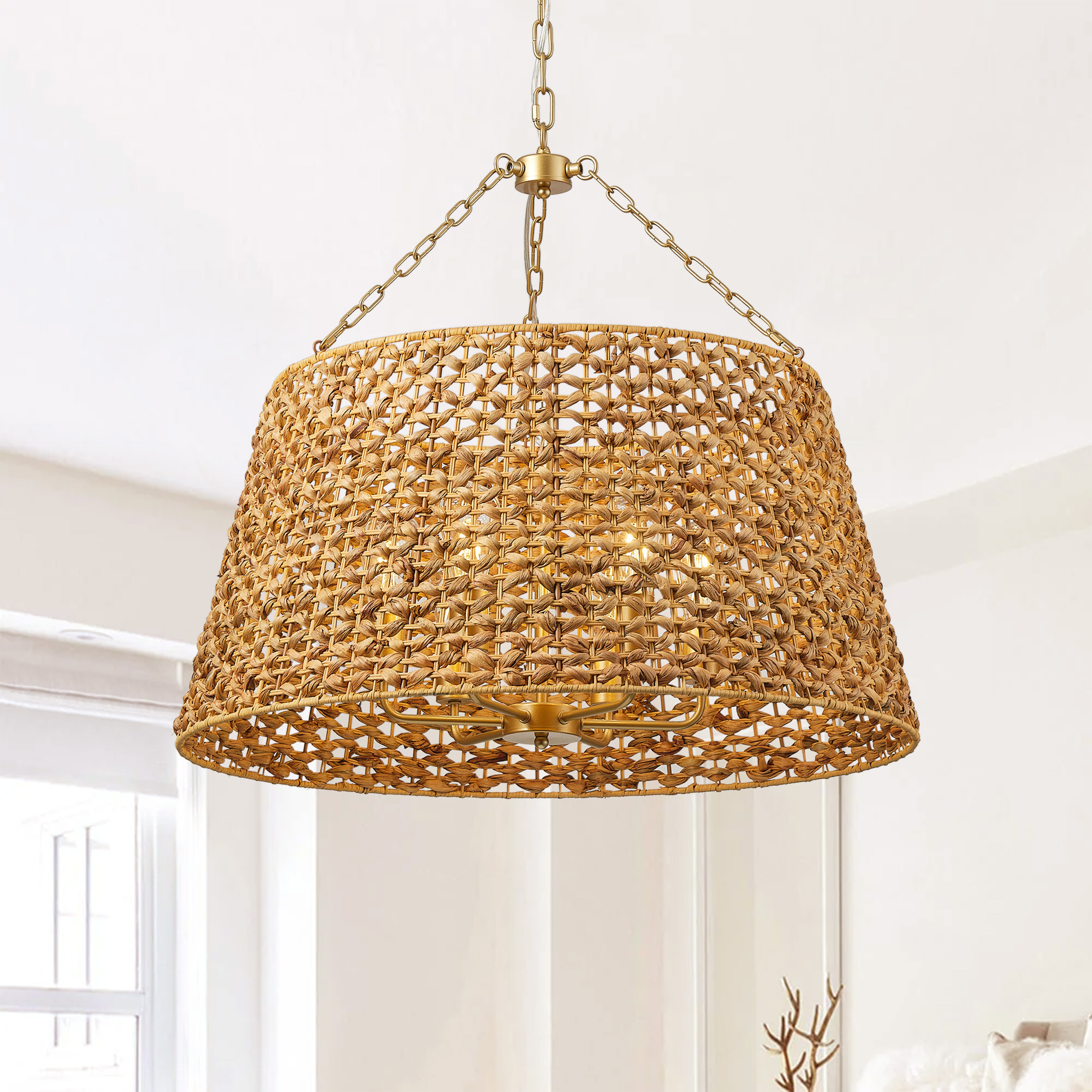 Farmhouse Painted Gold 6-Light Unique Hand Woven Oversize Pendant Light ...