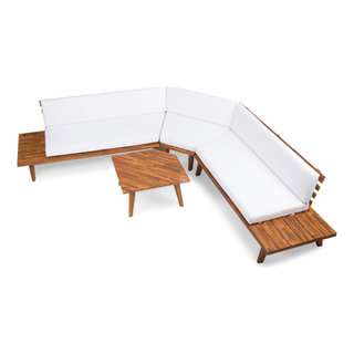 Adelia Outdoor Acacia Wood 5 Seater Sectional Sofa Set with Cushions ...