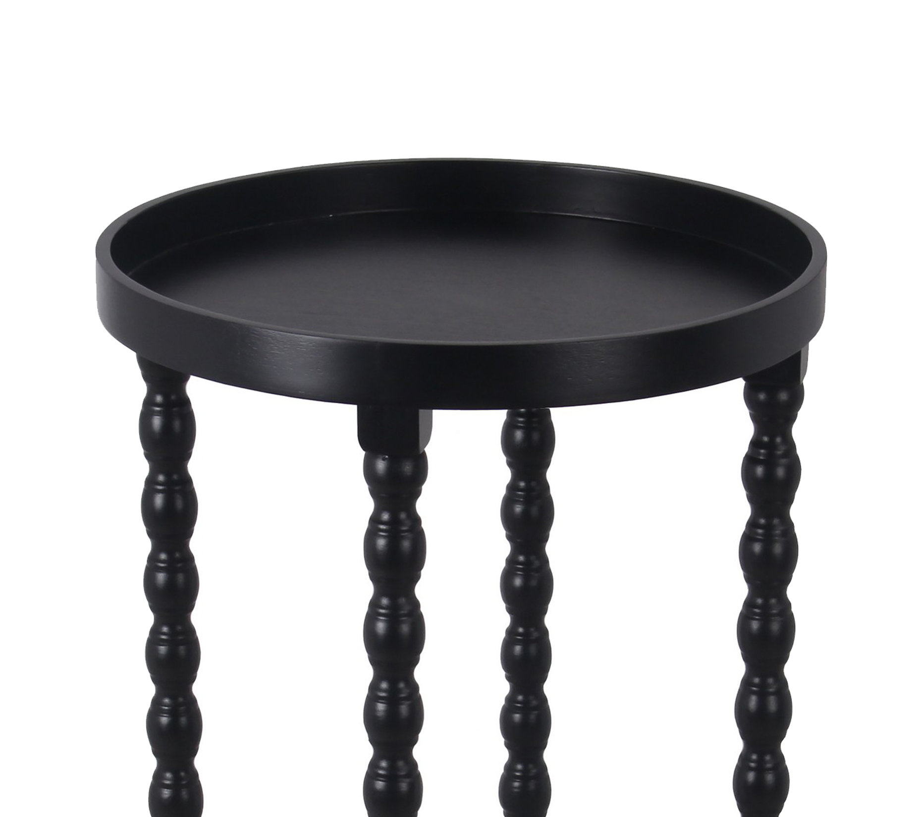 Wooden Round Accent Table with Tray Top and Beaded Turned Legs, Black ...