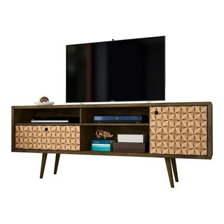 Stylish Mid-Century TV Console with 4 Shelves, 1 Drawer, Solid Wood ...