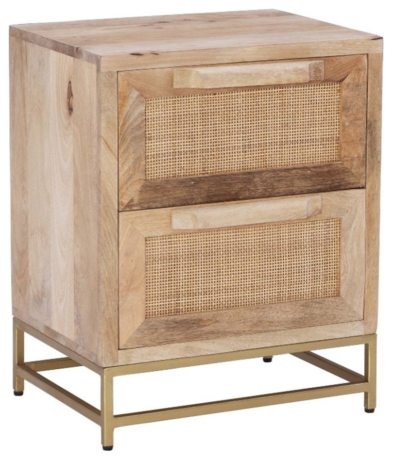 Linon Josie Wood 2 Drawer Side Table Cane Detailing Gold Metal Base in ...