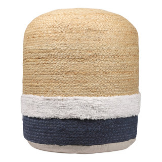 Sisal Natural/Navy Coastal Striped Handmade Jute Blend Pouf, 18"x18"x18", 18"x18"x18" - Beach ...