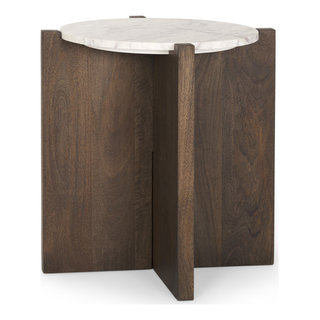 Bianca Dark Brown Wood With Marble Round Accent Table - Transitional ...