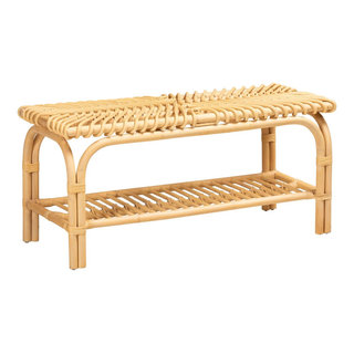 Bohemian Style Rattan Bench with Decorative Curling and Storage Shelf ...