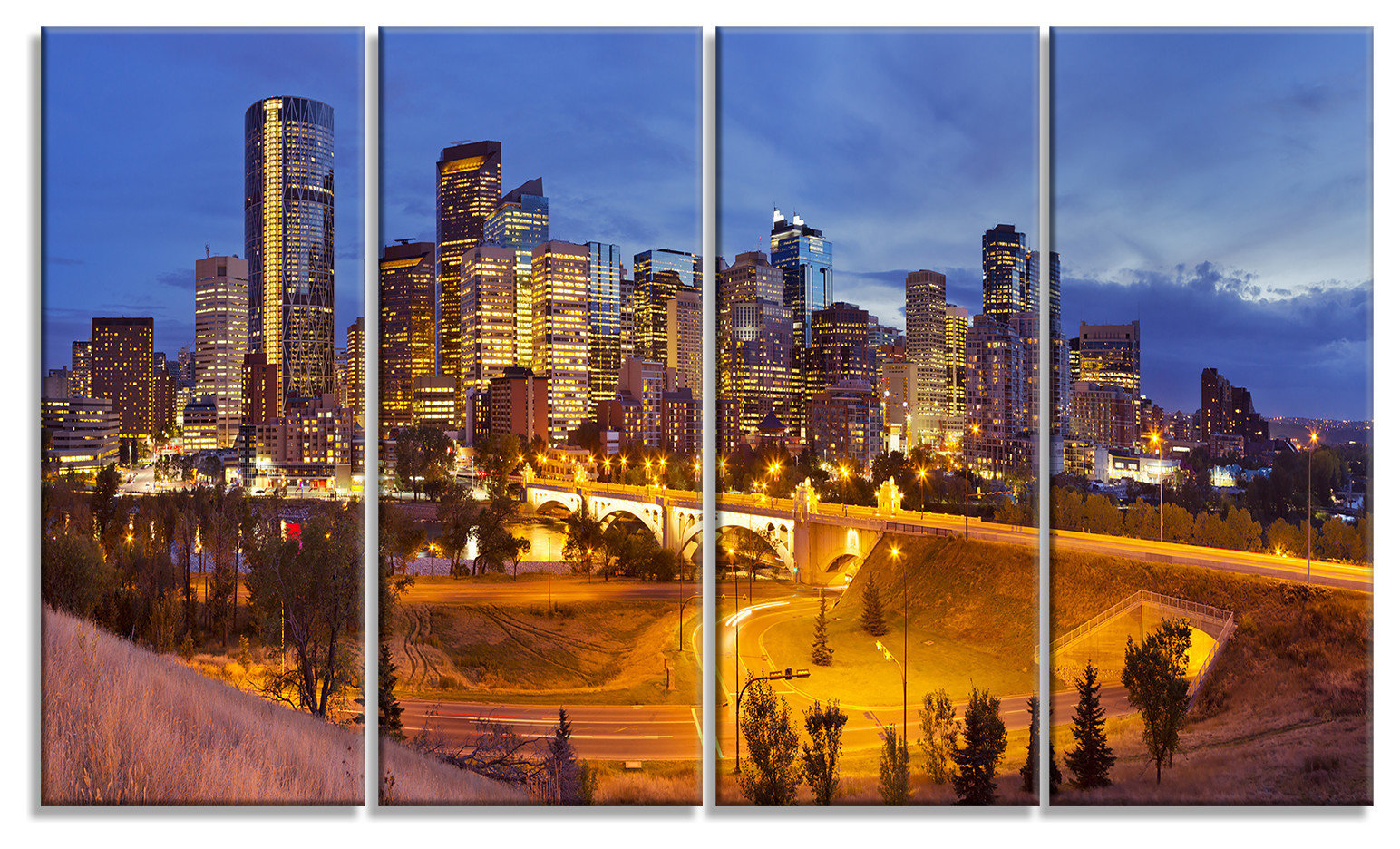 "Skyline of Calgary at Night Panorama" Metal Wall Art, 48"x28" 4 Panel ...