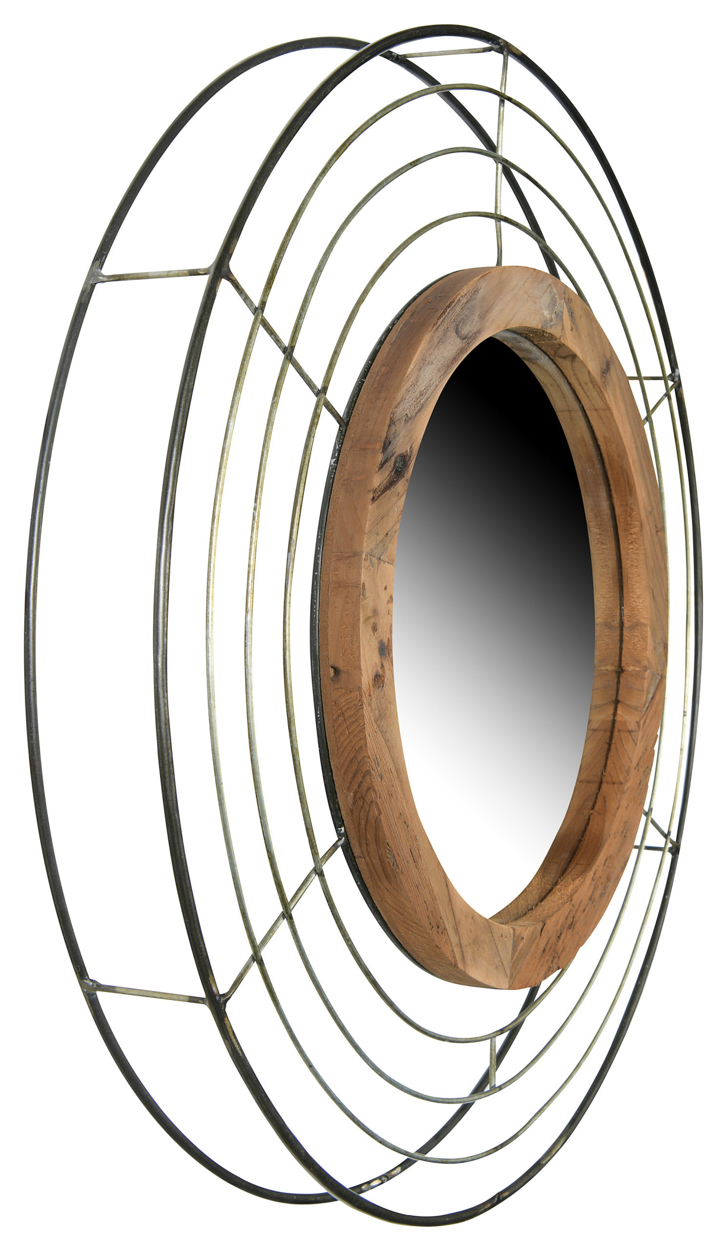 Round Wall Mirror With Wood Frame and Metal Wire Surround - Industrial ...