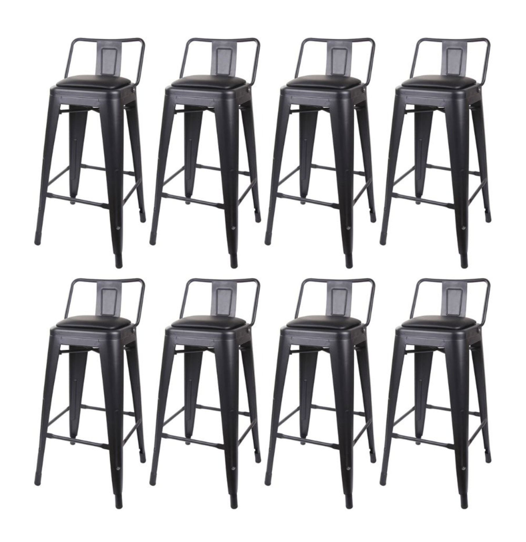 Black 30" Low Back Metal Bar Stools With Vegan Leather Seat Set of 8 ...