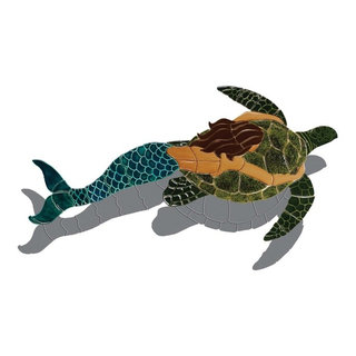 Mermaid with Turtle Ceramic Swimming Pool Mosaic, 59"x31" with shadow ...