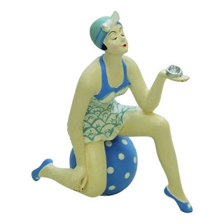 Retro Bathing Beauty Figurine, Swim Suit Beach Ball Kneeling Blue White ...