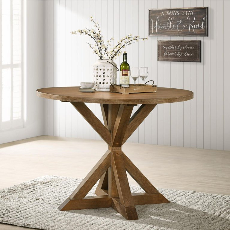Rustic Dining Table, Cross-Buck Pedestal Base With Round Wooden Top ...