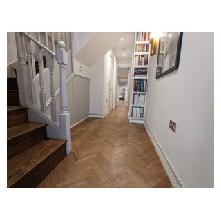 Aged effect herringbone parquet and traditional stair cladding ...