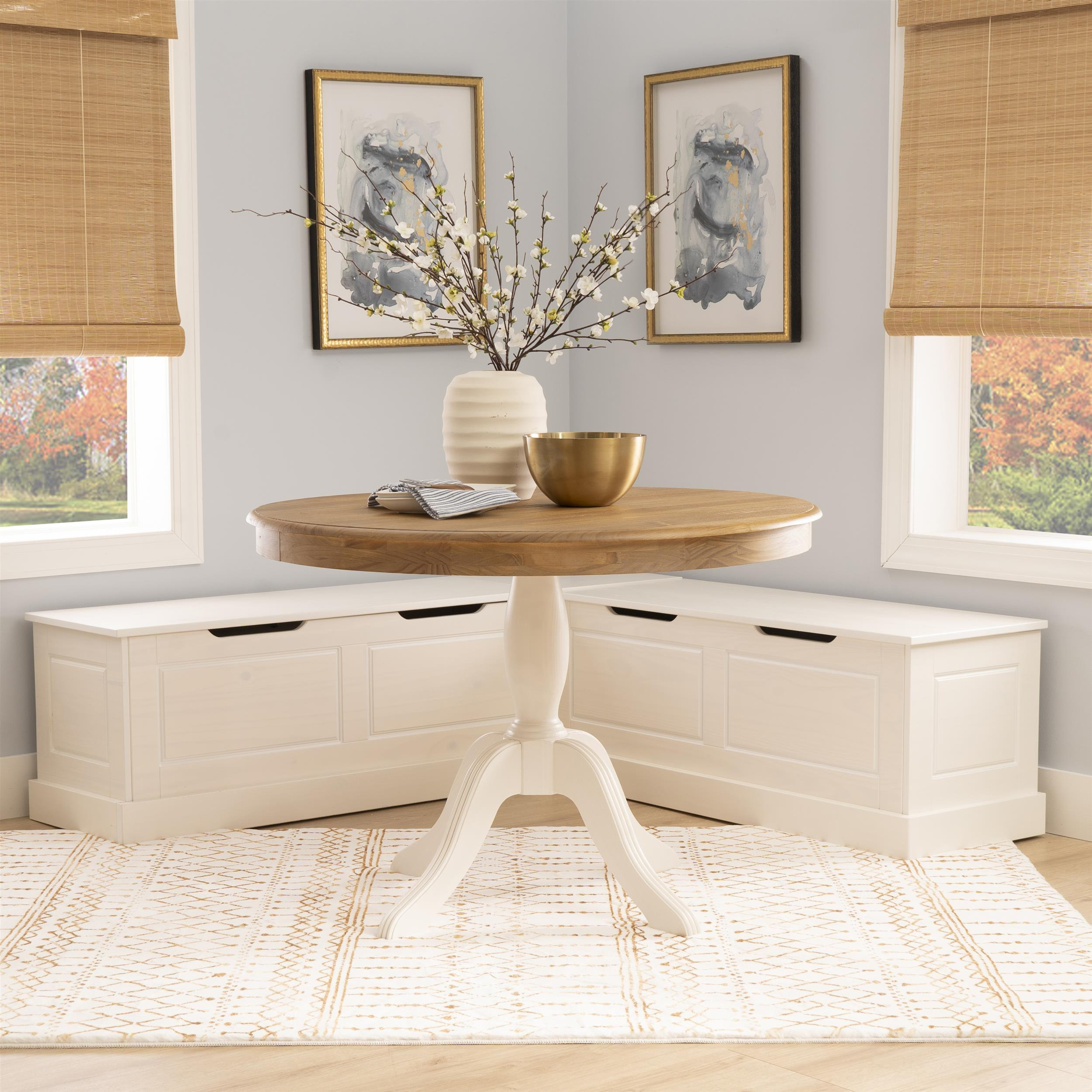 Linon Troyin Backless White Storage Nook and Round Table in White ...
