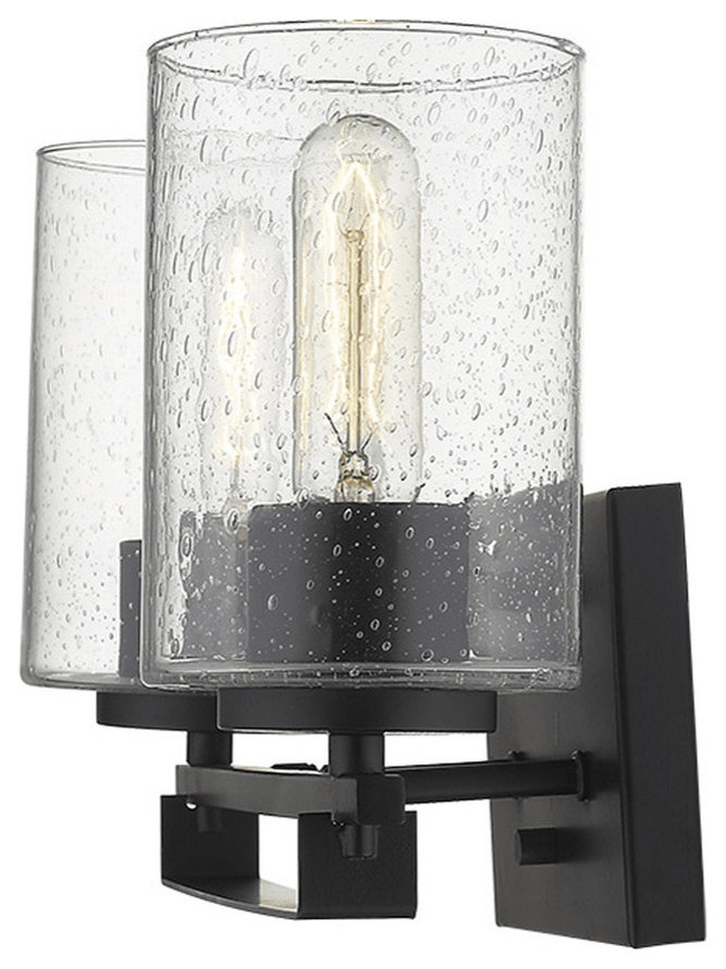 Black Metal and Textured Glass Two Light Wall Sconce - Transitional ...