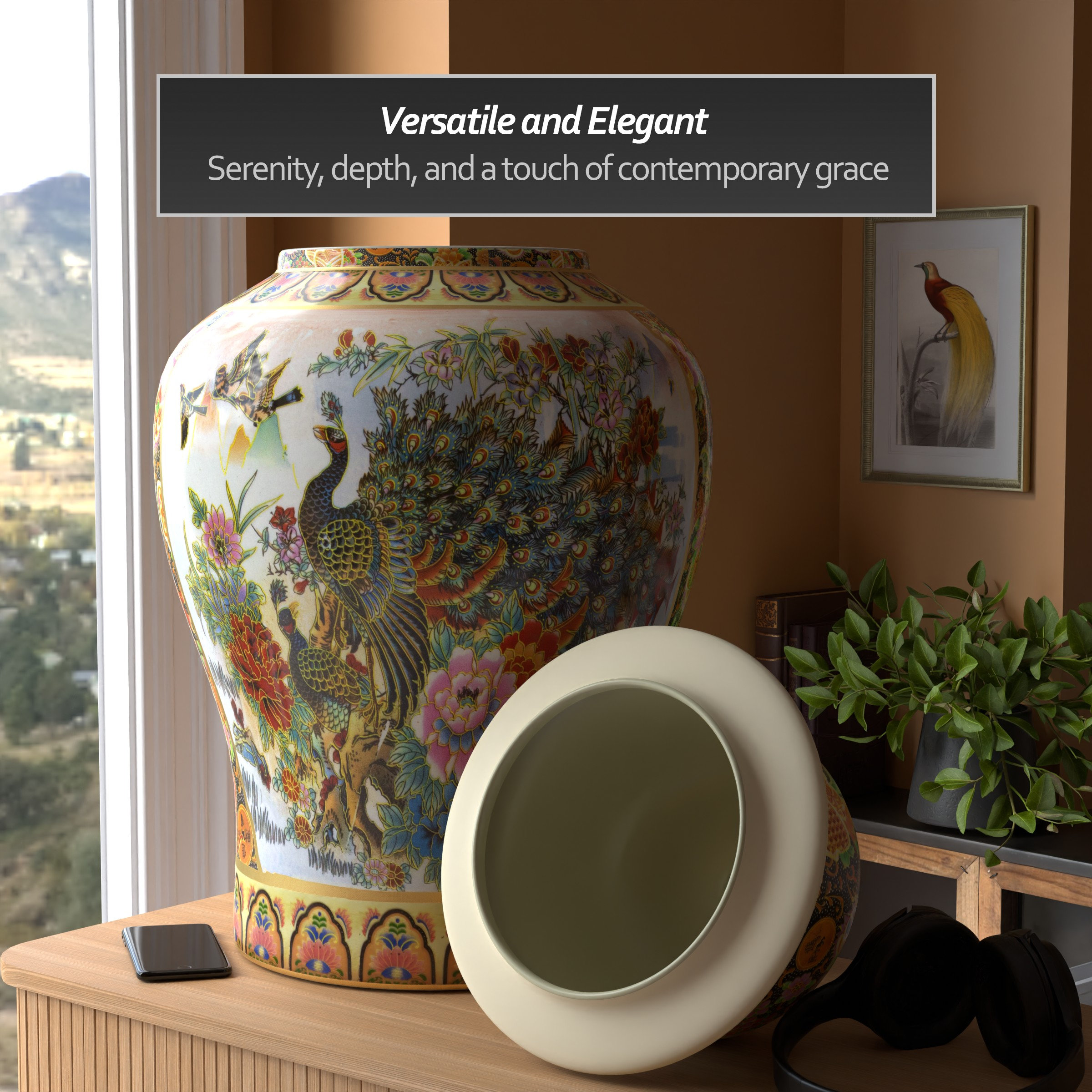 32" Satsuma Peacock Porcelain Temple Jar - Asian - Decorative Jars And ...