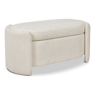Fuji 43" Upholstered Oval Storage Bench, Ivory White Boucle ...
