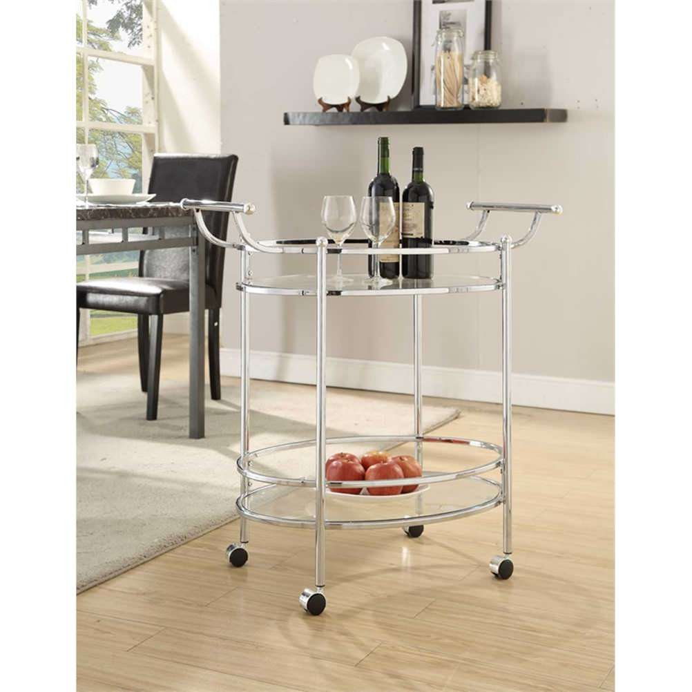 Linon Steel Oval Service Cart Castor Wheels 2 Glass Shelves in Sleek ...