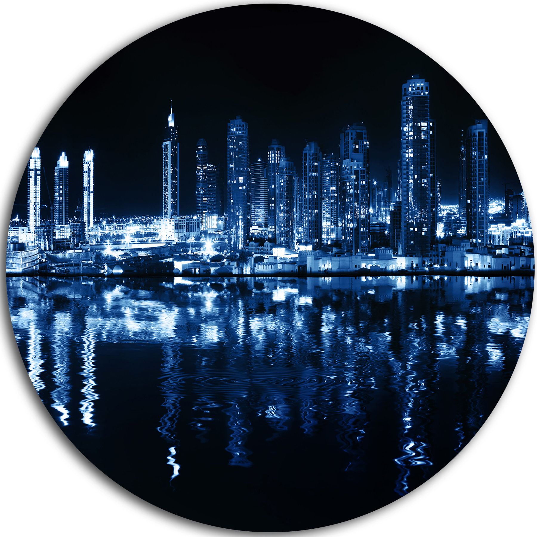 Glowing City at Midnight, Cityscape Photo Round Metal Wall Art, Disc of ...