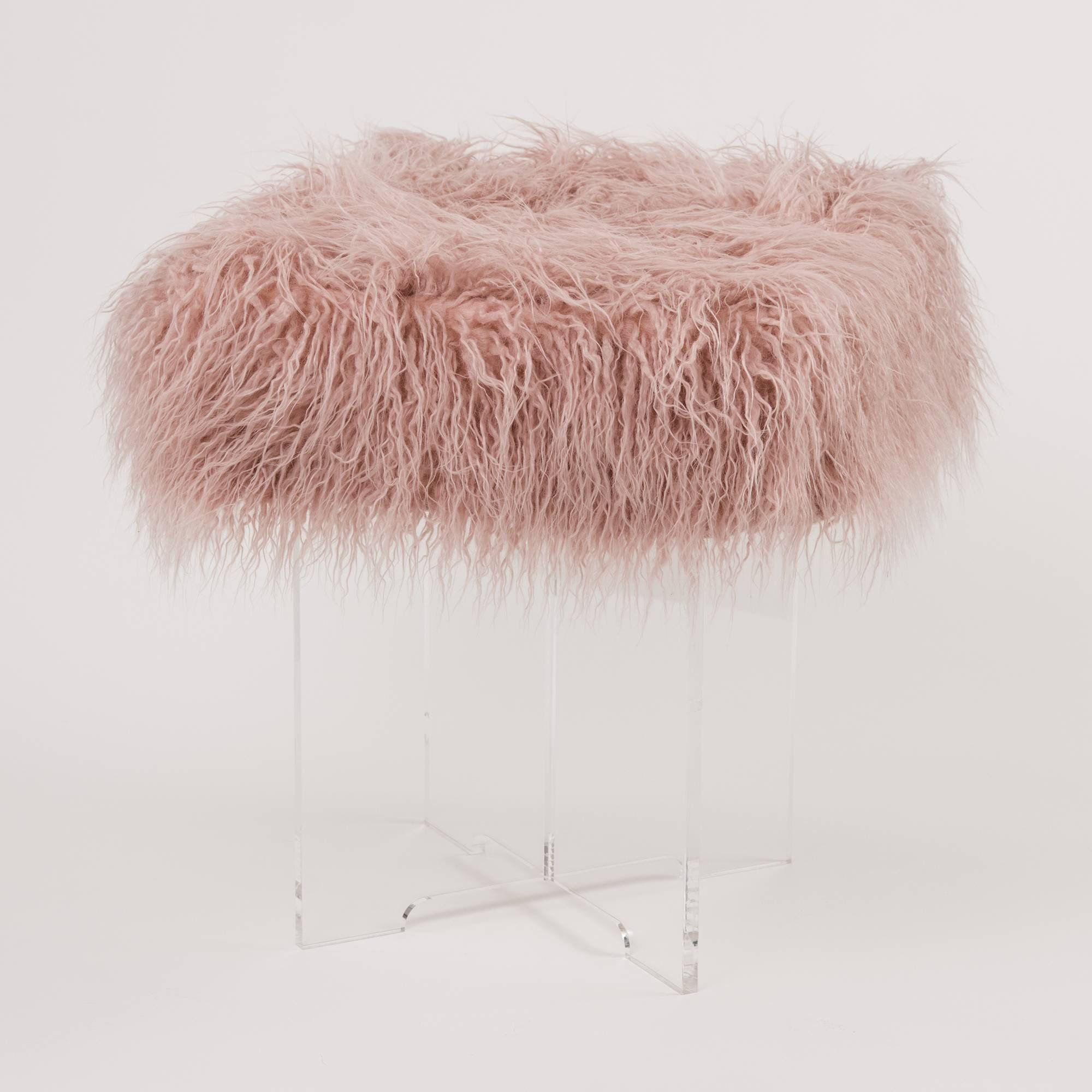 Mongolian Faux Fur Acrylic Cross Leg Stool, Pink, 17.5" - Contemporary ...