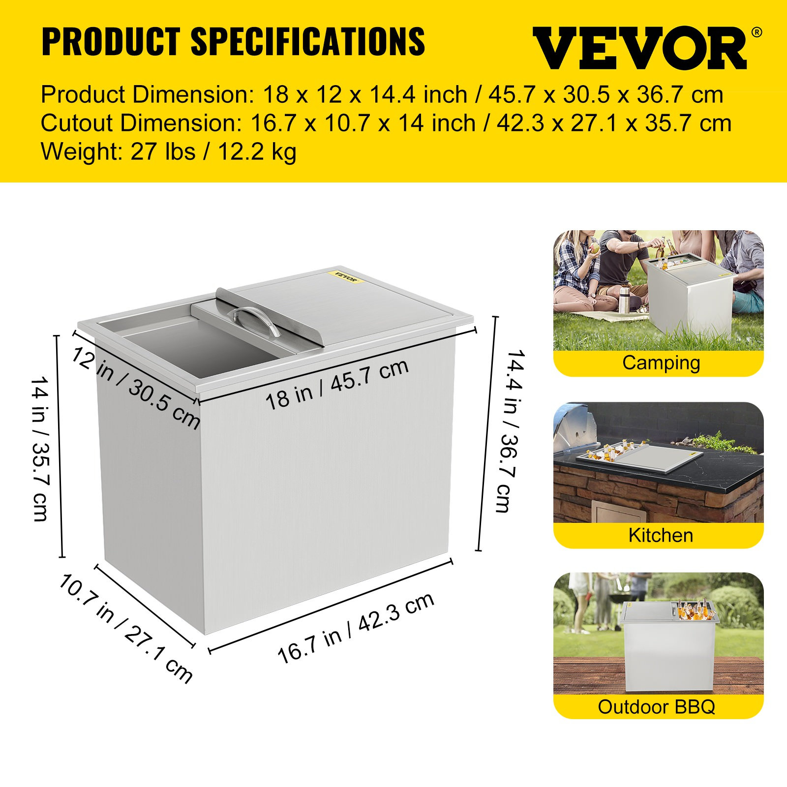 VEVOR Drop In Ice Chest Cooler Stainless Steel W/ Push-Pull Cover ...
