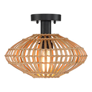 13" W 1-Light Eclectic Natural Rattan and Bamboo Semi-Flush Mount ...