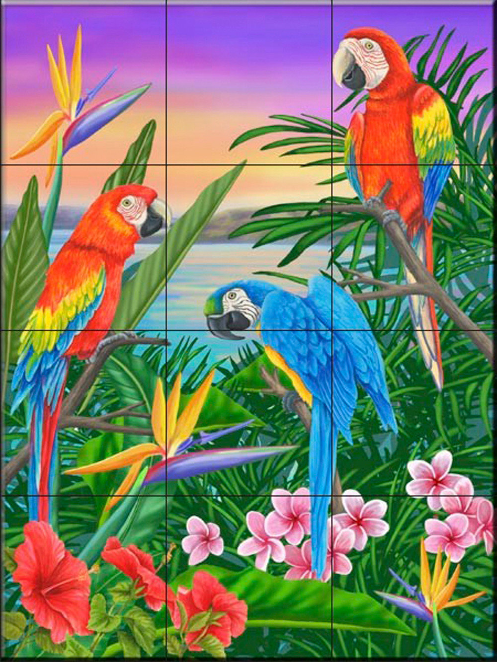 Tile Mural, Parrot Trio by Mary Lou Troutman, 12.75" x 17" (12 Tiles ...