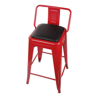 Lowback Red Metal Bar Stools, Vegan Leather Seat, Set of 3 - Industrial ...