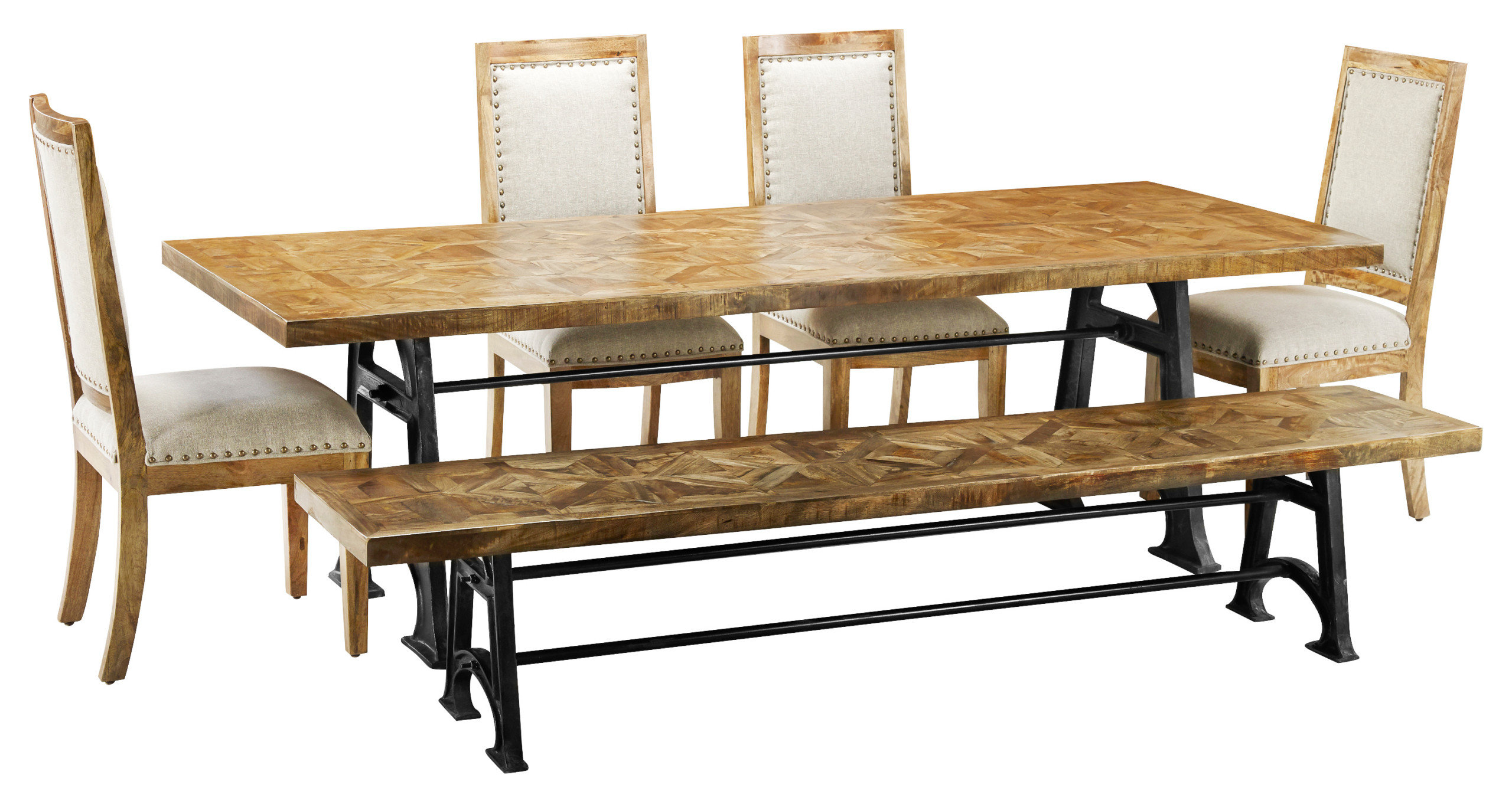 72" Reclaimed Wood Rustic Parquet Cast Iron Double Base Dining Bench ...