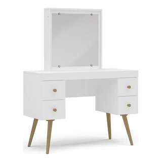Modern Vanity Table, Large Table Top With Angled Legs & Square Mirror ...