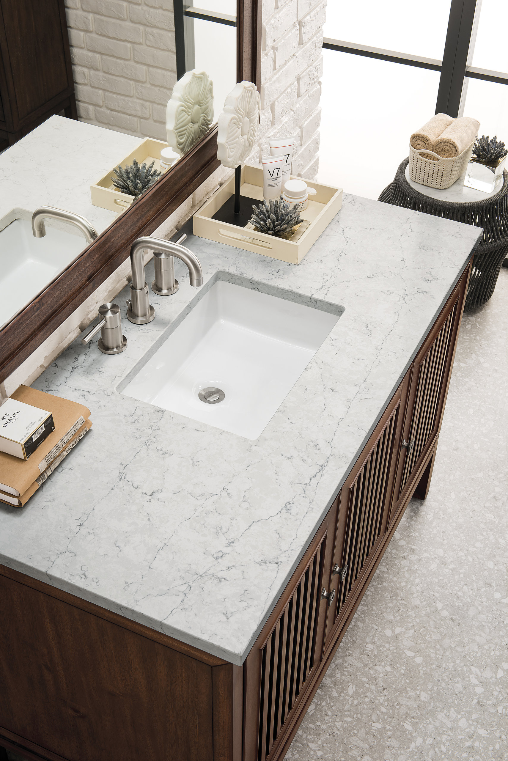 Athens 48" Vanity, Mid Century Acacia, Eternal Jasmine Pearl Quartz Top ...