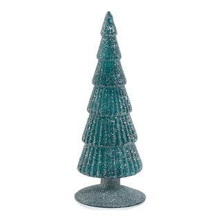 Amaryllis Blue Glass Tree on Silver Glitter Base, Set of 2, 9.5 ...