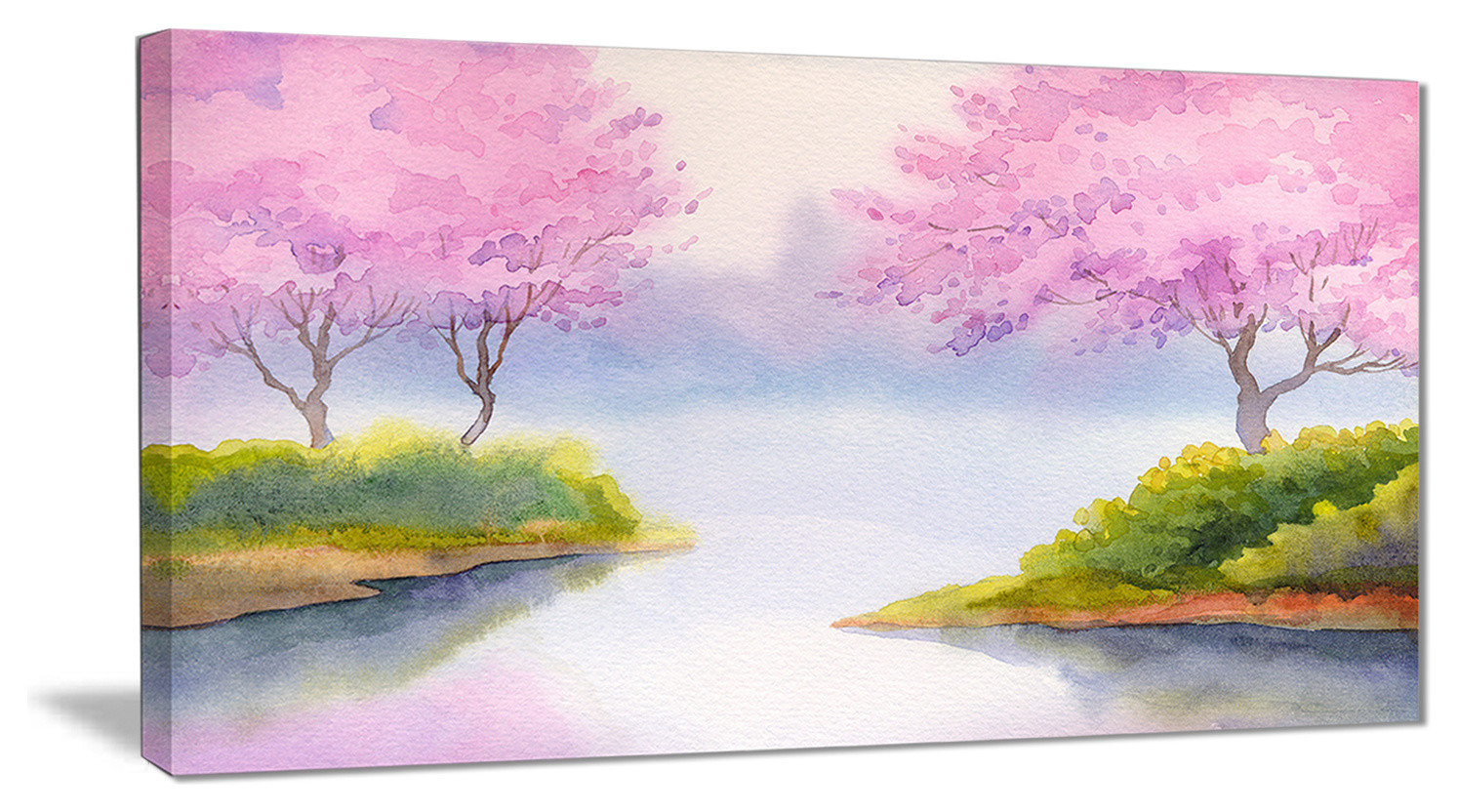 "Flowering Trees Over River" Landscape Canvas Print, 32"x16" - Rustic ...