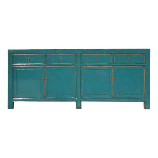 Oriental Distressed Teal Blue Credenza Sideboard Buffet Table Cabinet ...