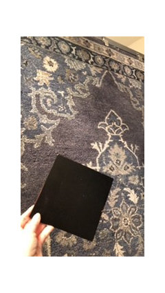 Pottery Barn black printers media with navy bryson rug