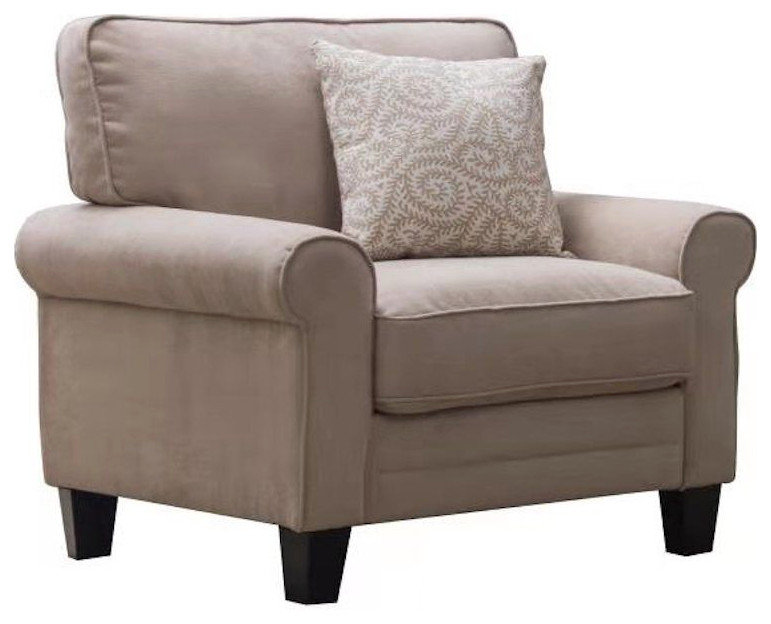 Benzara Contemporary Linen Arm Chair with Wooden Frame, Beige and Brown ...