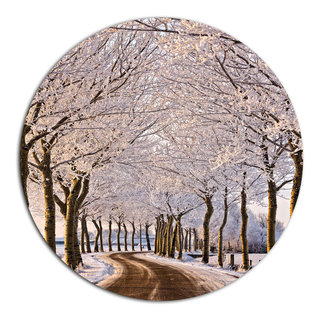 Trees And Road In White Winter, Landscape Large Disc Metal Artwork ...