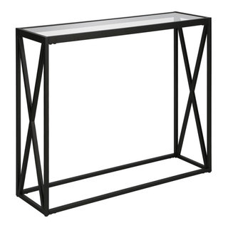 Maklaine Contemporary Metal Geometric Glass Top Console Table in Black ...