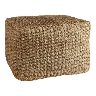 Casual Woven Seagrass Square Wide Pouf Natural Coastal Cottage Ottoman Table - Beach Style ...
