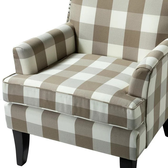 Classic Plaid Armchair with Nailhead Detail and Sturdy Wood Legs ...