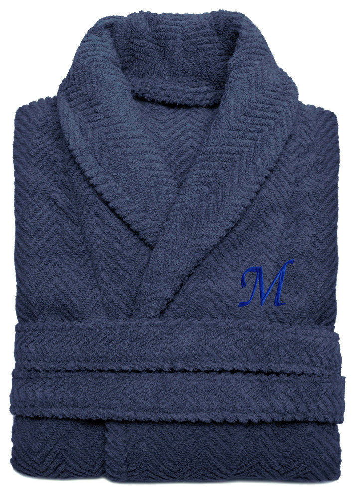 Herringbone Weave Midnight Blue Bathrobe, Large/XLarge, Gray Letters, A ...