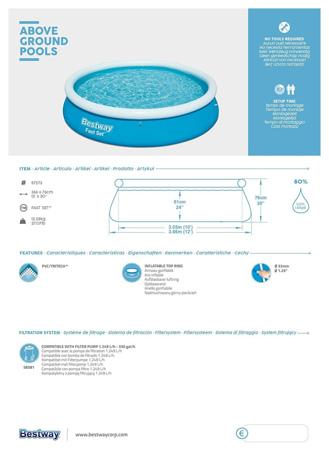 12ft Round Inflatable Easy Set Kids Swimming Pool with Filter Pump ...