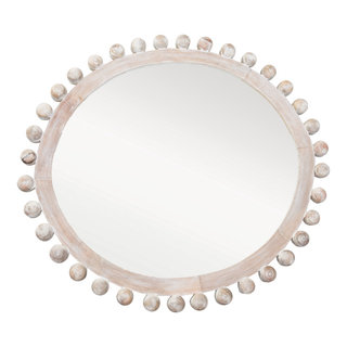 Round Carved Wood Framed Wall Mirror, Whitewashed - Traditional - Wall ...
