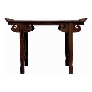 Chinese Brown Natural Wood Point Edge RuYi Apron Altar Console Table ...