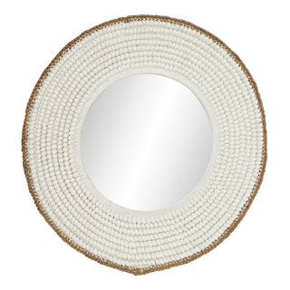 Large, Round Decorative Wall Mirror with White Shell Frame - Beach ...
