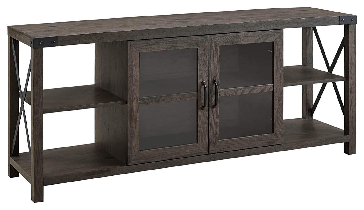 TV Console with X Side Design, Glass Doors, and Adjustable Shelving ...
