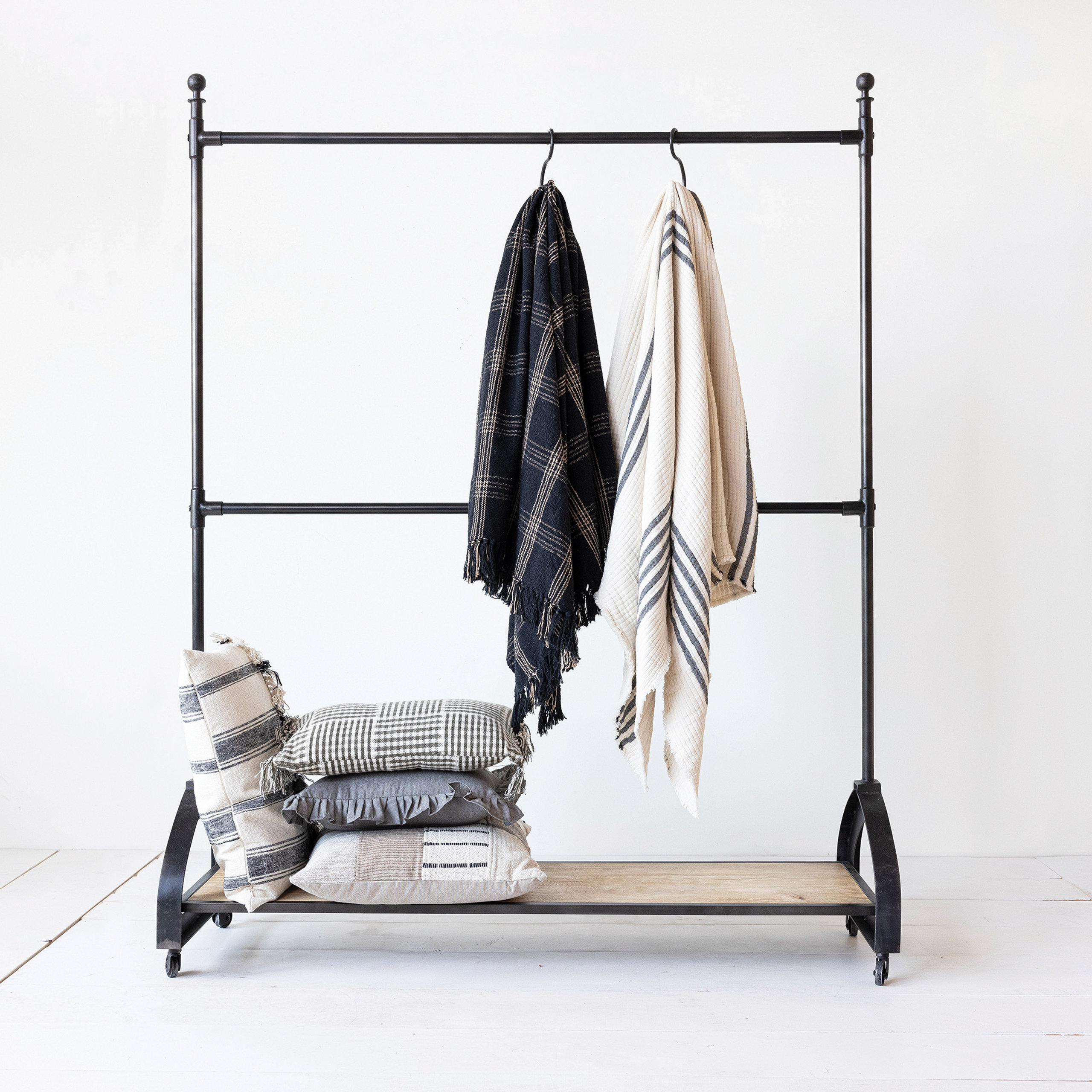 Metal and Mango Wood Rack on Wheels With 2 Rods and Shelf, Natural and ...