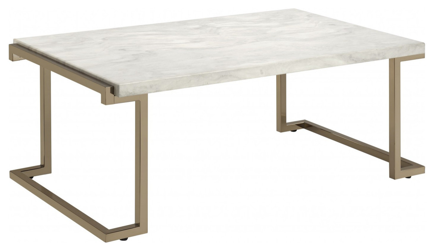 HomeRoots Rectangular Marble Top With Champagne Metal Base Cofee Table ...